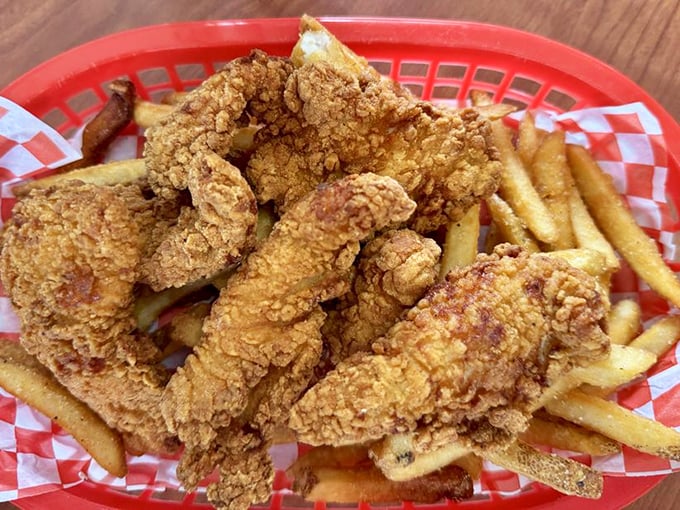 Golden-fried chicken strips with that perfect crunch-to-tenderness ratio&mdash;comfort food that speaks the universal language of "just one more bite."