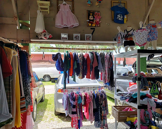 Children's clothing displayed with care—from princess dresses to everyday play clothes—all at prices that won't make parents wince.