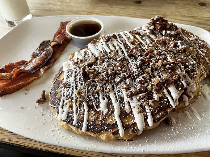 Those cinnamon pecan pancakes drizzled with icing are basically morning dessert, and nobody's complaining about that classification.
