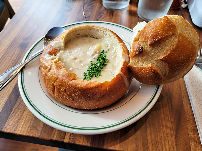 Clam chowder served in a sourdough bread bowl&mdash;because sometimes the only thing better than great soup is edible dishware that's equally delicious.