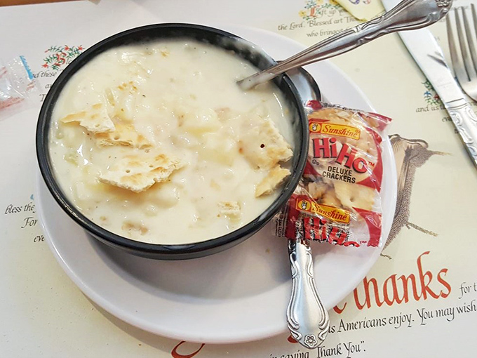This creamy clam chowder arrives with crackers and knows exactly how to warm you from the inside out.