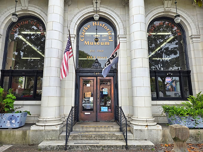 "Clarke Historical Museum" etched in gold announces itself with the confidence of someone who knows they have good stories to tell. Step inside for a time-traveling adventure.