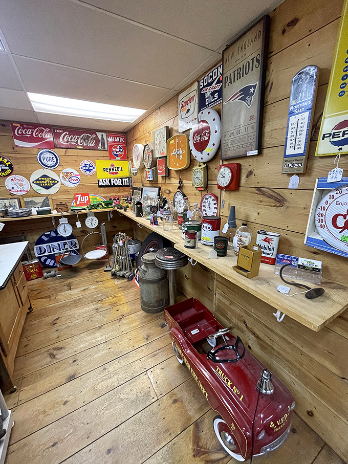 The vintage advertising corner&mdash;where Coca-Cola signs and a fire-engine red pedal car transport you straight back to simpler times.