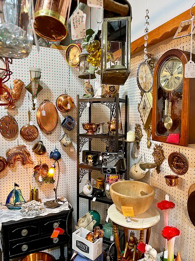 Time literally stands still in this booth of vintage clocks and copper treasures. That wooden bowl has probably seen more dinner parties than Martha Stewart.