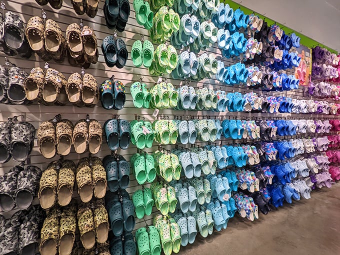 A rainbow of comfort footwear stretches as far as the eye can see. Like a candy store for your feet, but without the sugar crash.