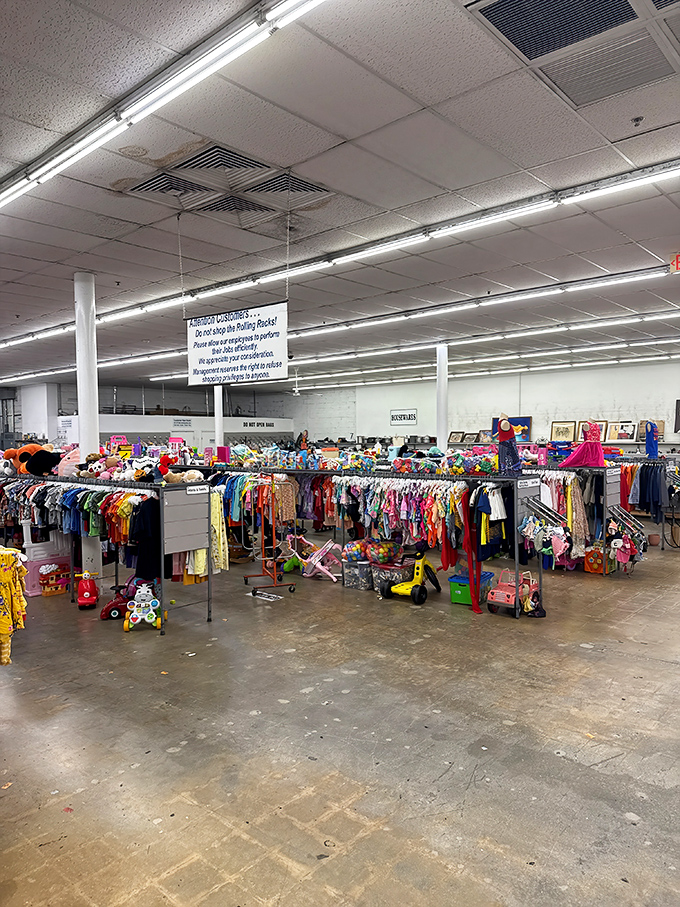 The children's section&mdash;a kaleidoscope of tiny fashions and toys&mdash;where outgrown items find new purpose with families on budgets.
