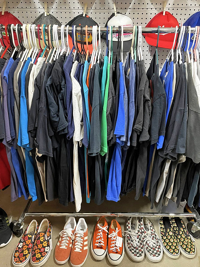 The vintage clothing rack&mdash;where yesterday's fashion faux pas become today's ironic statement pieces. Those sneakers have stories to tell.