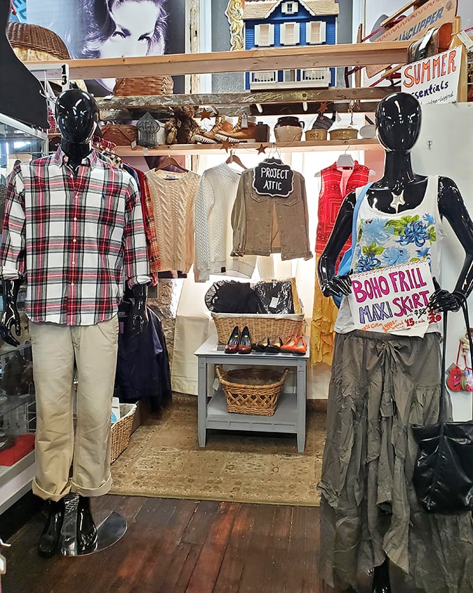 The "Project Attic" clothing booth offers vintage fashion treasures where yesterday's plaid flannel and today's boho style create timeless combinations.