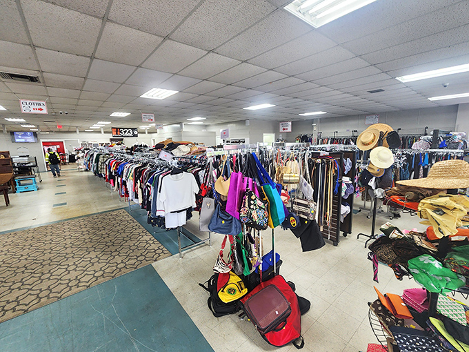 The clothing section stretches toward the horizon, a textile rainbow organized with the precision of a librarian's bookshelf.