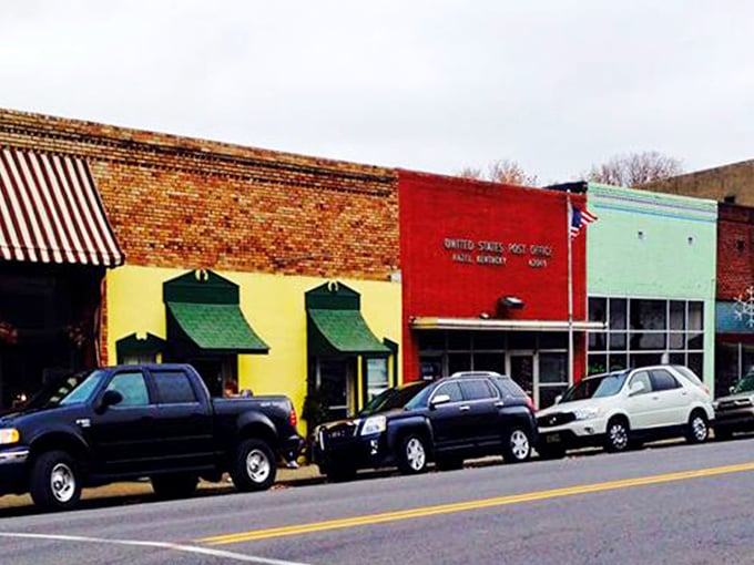 Sunshine plays favorites with Hazel's rainbow row of storefronts, highlighting a streetscape that refuses to surrender to cookie-cutter modernization.