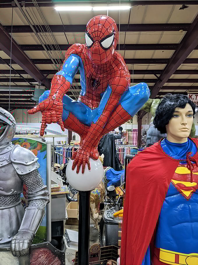 Superhero central! Where else can Spider-Man, Superman, and a knight in shining armor stand guard over your shopping expedition?