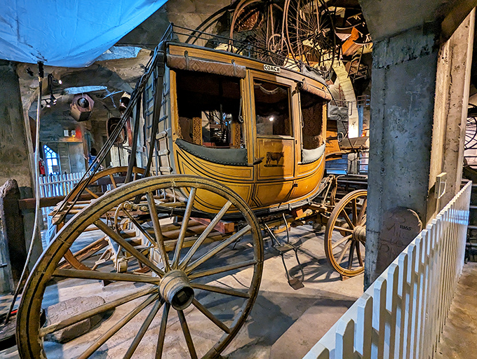 Horse-powered luxury travel, 19th-century style! This beautifully preserved Concord stagecoach once bounced passengers across America's rough roads at a breathtaking five miles per hour.