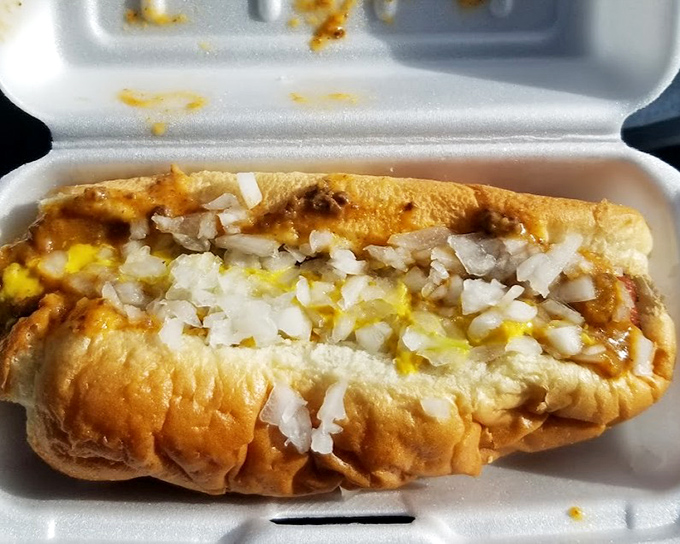 The classic Michigan coney in its natural habitat: mustard, onions, and chili creating the holy trinity of hot dog perfection.