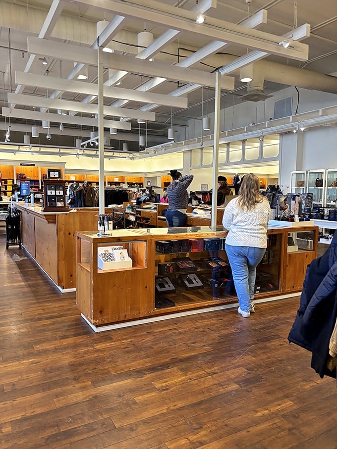 Modern retail therapy meets classic wood fixtures, where shopping for shoes becomes an unexpectedly zen-like experience.