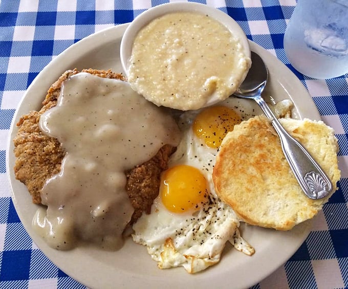 Country fried steak swimming in gravy with sunny-side-up eggs &ndash; the breakfast equivalent of a warm hug on a cold morning.