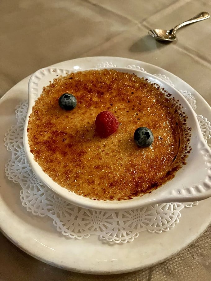 Cr&egrave;me br&ucirc;l&eacute;e with that perfect glass-like sugar crust that makes the most satisfying crack when your spoon breaks through. Dessert ASMR at its finest.