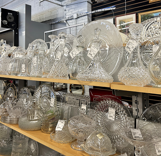 Crystal heaven! Grandma's special occasion tableware finds new purpose here, waiting to elevate your Tuesday night takeout experience.