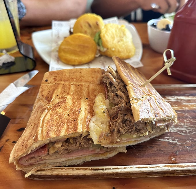 A Cuban sandwich that would make Havana proud. Pressed to perfection and held together with a wooden skewer like edible architecture.