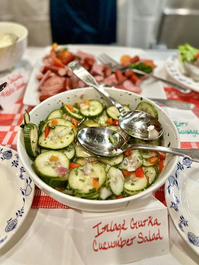 The Inlagd Gurka cucumber salad offers a refreshing, tangy counterpoint to heartier dishes. Crisp, bright, and proof that Scandinavians know their way around pickling.