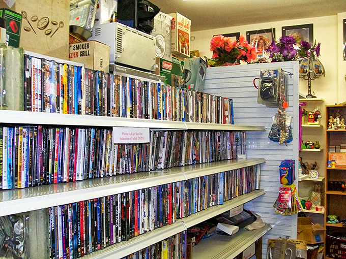 DVD shelves packed tighter than a subway car at rush hour &ndash; proof that physical media still has devoted fans in our streaming world.