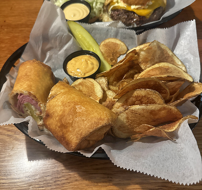 A deep-fried Reuben roll throws convention to the canvas, proving innovation and tradition can share the same plate harmoniously.