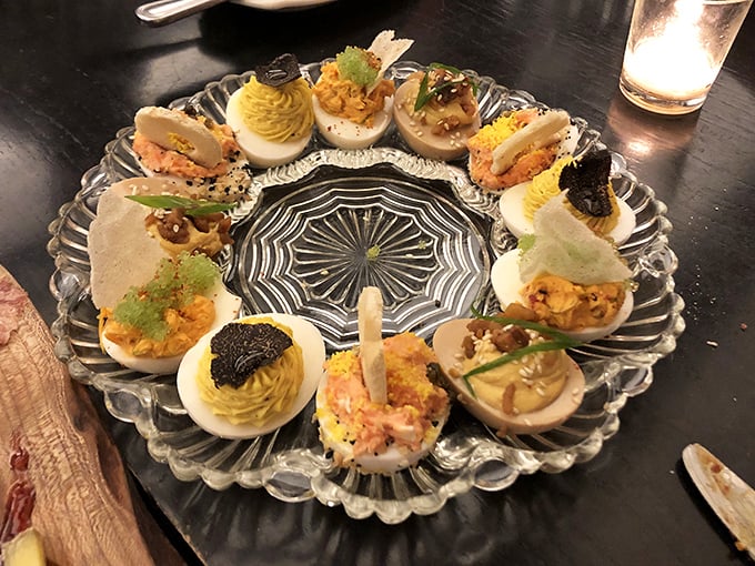 These deviled eggs have clearly made a deal with culinary devils&mdash;a crystal platter of bite-sized flavor bombs.