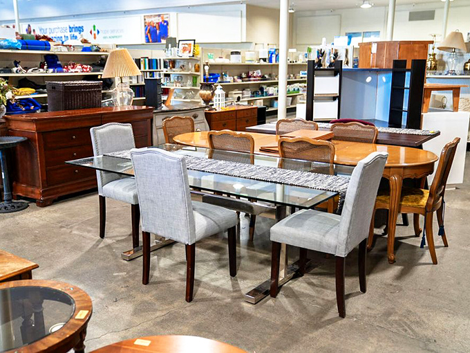 Dining tables that have hosted countless family meals, ready for new memories. That glass-top beauty would make takeout feel fancy.