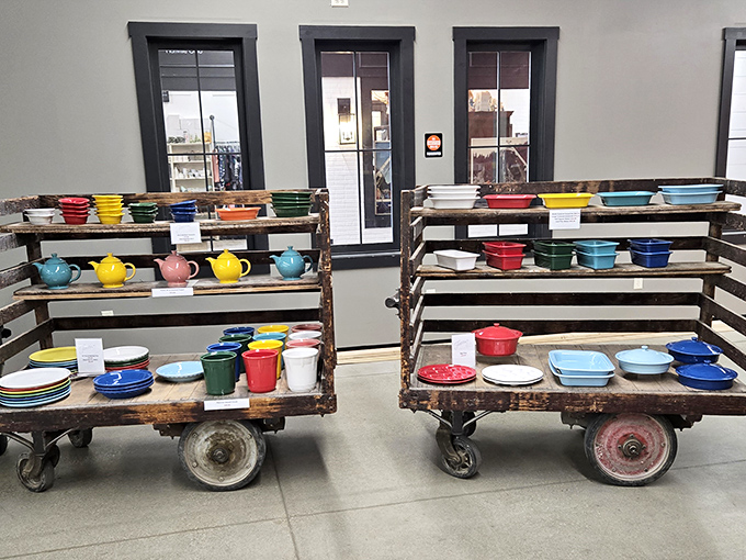 Colorful teapots and dinnerware arranged on vintage carts, like a rustic Pinterest board that jumped into three dimensions.
