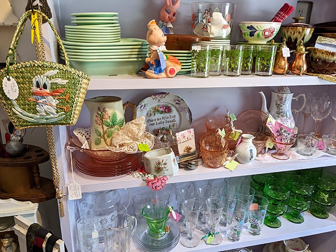 Jadeite dishes whisper of Sunday dinners past, while Depression glass catches light like it's 1935 all over again. Grandma would approve.