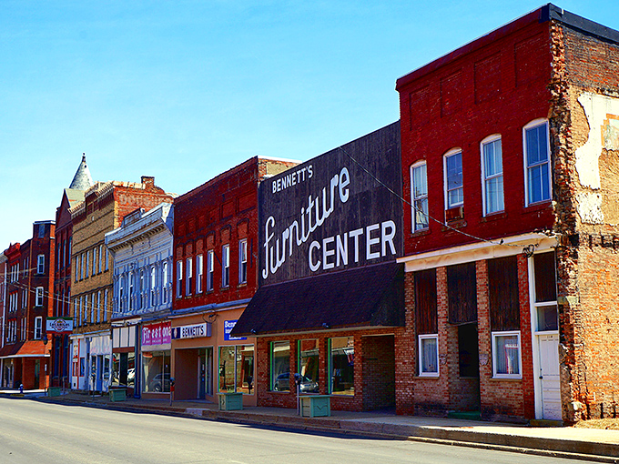 Bennett's Furniture Center dominates this block of historic storefronts. When your downtown still has a furniture store, you know you're in a place that values practical living.