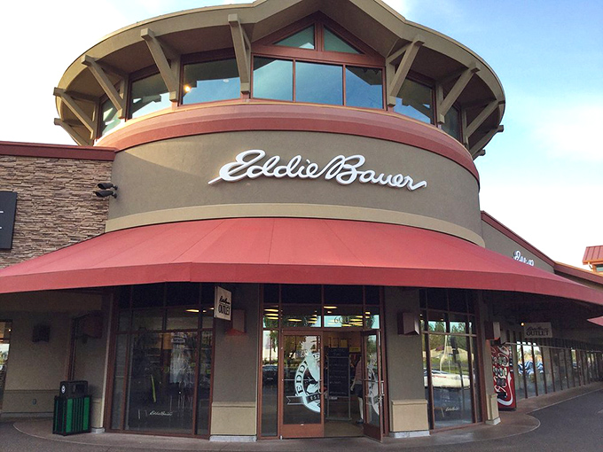 Eddie Bauer's distinctive Northwest architecture welcomes outdoor enthusiasts and mall walkers alike. The mountain gear inside is calling your name.