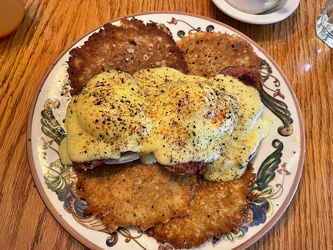 Eggs Benedict that belongs in the breakfast hall of fame &ndash; crispy potato pancakes playing the supporting role to perfectly poached eggs.