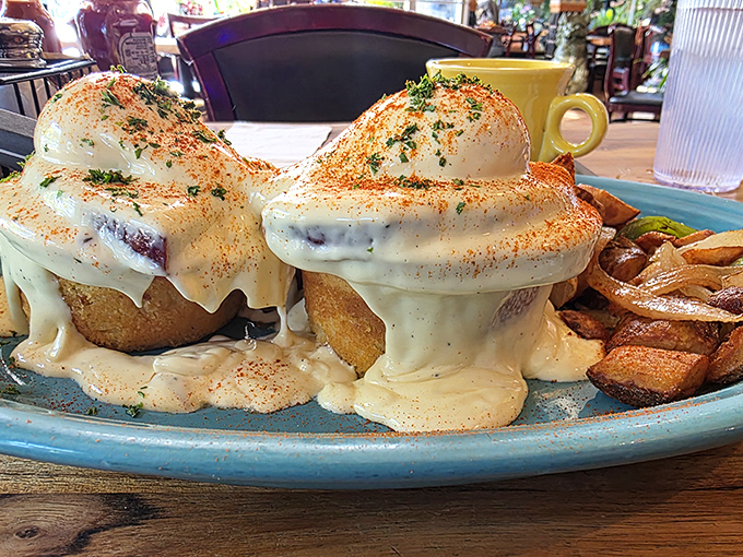 Eggs Benedict reimagined with such decadent hollandaise cascades, it's practically wearing a waterfall of flavor.