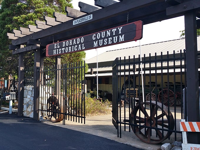 The El Dorado County Historical Museum entrance tells stories of California's golden past through artifacts that speak volumes about pioneer ingenuity.