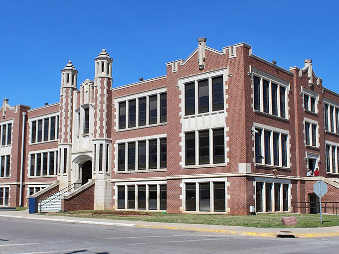El Reno High School's impressive brick architecture stands as testament to the community's commitment to education. Those towers aren't just decorative&mdash;they're aspirational.