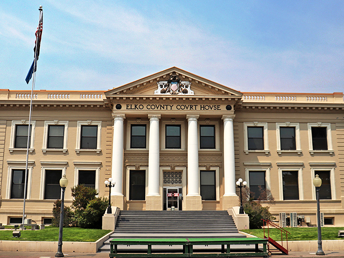 The Elko County Courthouse stands proudly with its classical columns and symmetrical design, looking more like a building from our nation's capital than a desert outpost.