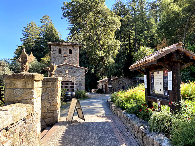 Garden pathways that whisper "you're not in California anymore." Stone structures and Mediterranean plantings create a perfect Tuscan illusion.