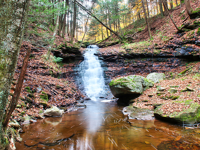 Nature's own watercolor painting. This delicate cascade tumbling through autumn leaves proves that Pennsylvania's "little" waterfalls pack serious charm. 