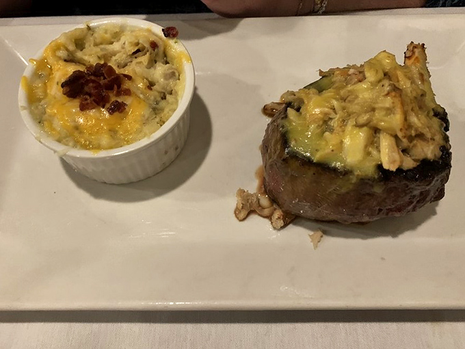 A perfectly cooked filet mignon shares the spotlight with what might be the world's most indulgent mac and cheese. Dinner goals achieved.