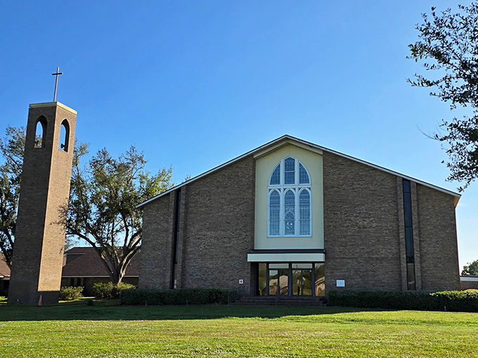 First Baptist Church's mid-century modern architecture offers a striking contrast to downtown's historic buildings, standing as a spiritual landmark in Arcadia.