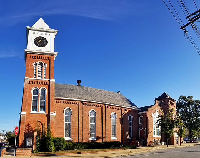 This stately brick church with its impressive clock tower keeps both spiritual and temporal time for Millville residents. Architectural prayer in permanent form.