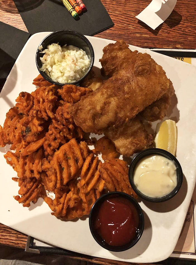 Golden-battered fish with sweet potato fries that would make a New Englander question their loyalty to cod.