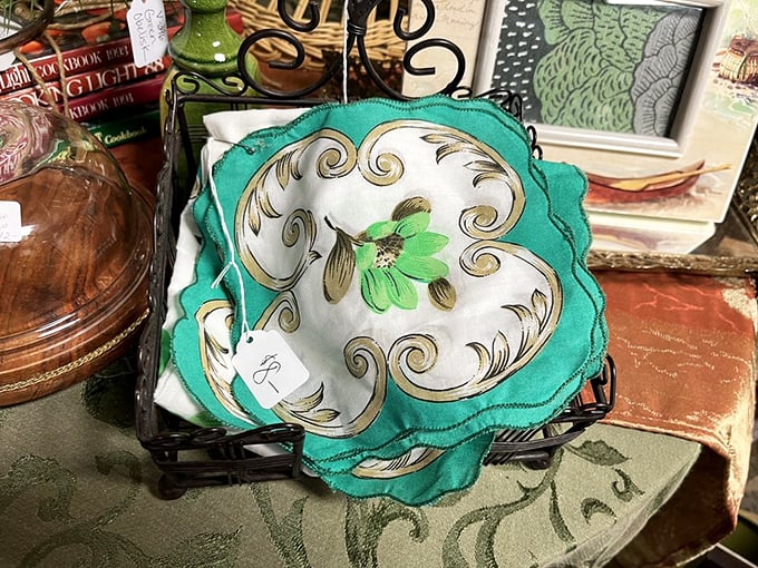 This mint-green floral napkin survived the era when "everyday items" were made beautiful, not just functional.