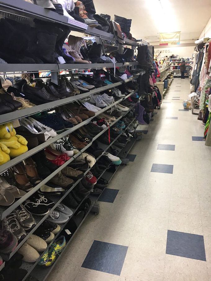 Footwear fantasies line these shelves like a shoe museum. From barely-worn sneakers to those boots made for walking—somewhere new.