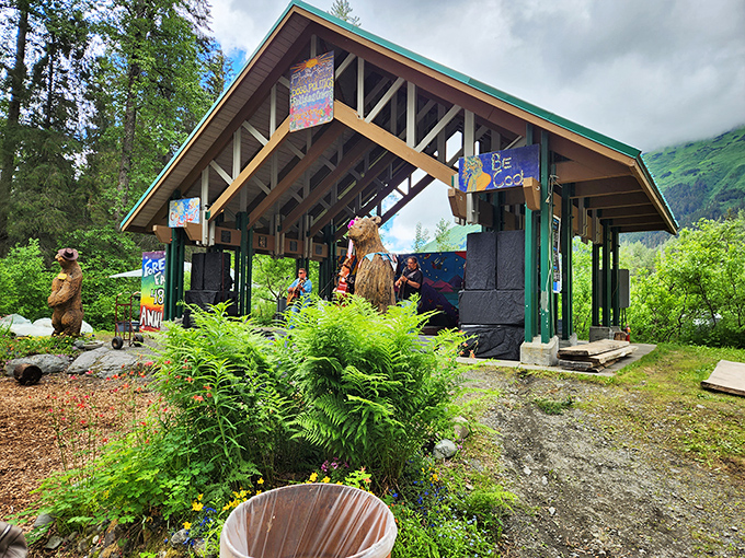 The Forest Fair grounds: Where Alaskan hippie culture meets mountain wilderness, creating Girdwood's most colorful community gathering space.