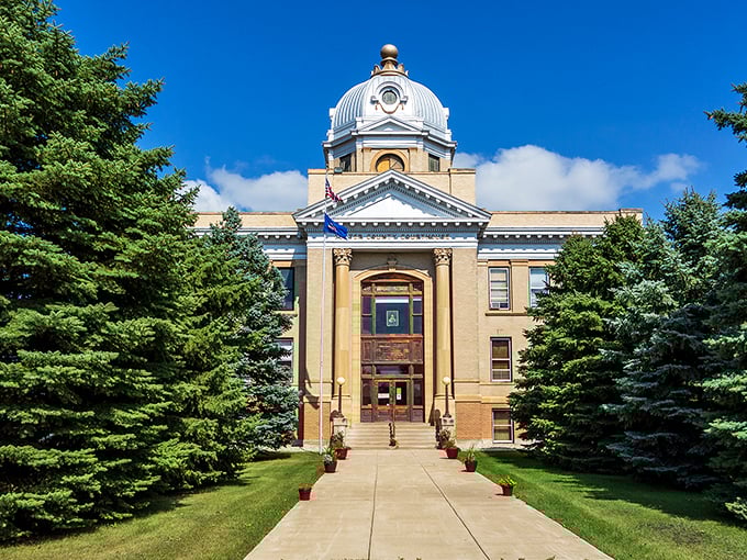 The Foster County Courthouse commands respect with its stately dome and classical columns&mdash;small-town government with big architectural ambitions.