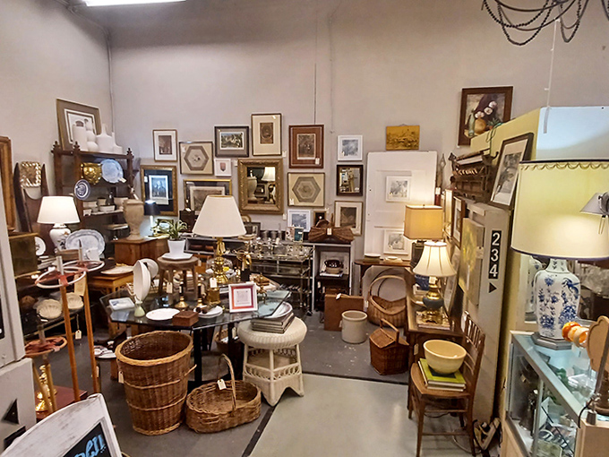 This booth's meticulous arrangement of frames, lamps and furnishings feels like walking into your stylish grandmother's dream living room.