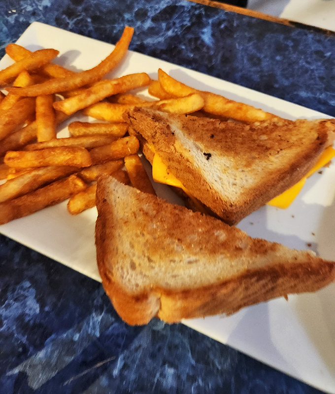 Golden fries and a perfectly grilled cheese sandwich—proof that comfort food done right is worth every delicious, nostalgic calorie.