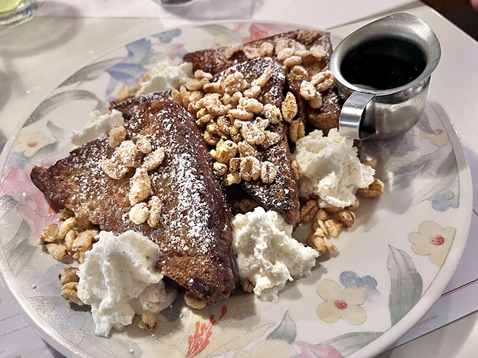 French toast that's dressed for the occasion. Those crunchy walnuts and dollops of cream are like jewelry for your breakfast.