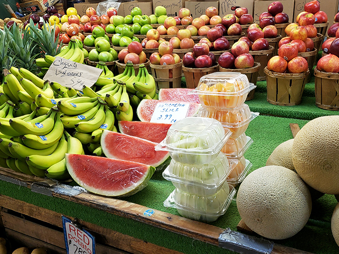 Nature's candy counter! Fresh watermelon, crisp apples, and perfectly ripe bananas create a rainbow of farm-fresh goodness that puts supermarket produce to shame.